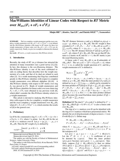 pdf macwilliams identities of linear codes with respect to rt metric over mn×s fl vfl v2fl