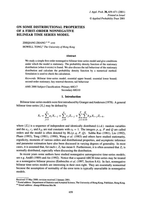 pdf on some distributional properties of a first order nonnegative bilinear time series model