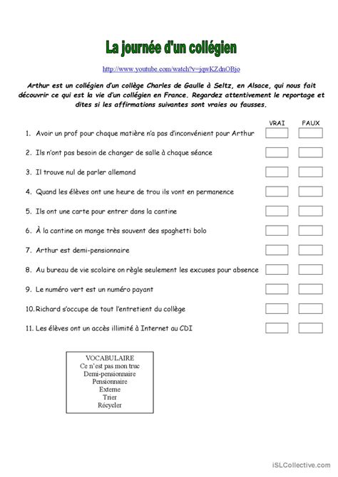 La journée d un collégien Français FLE fiches pedagogiques pdf doc