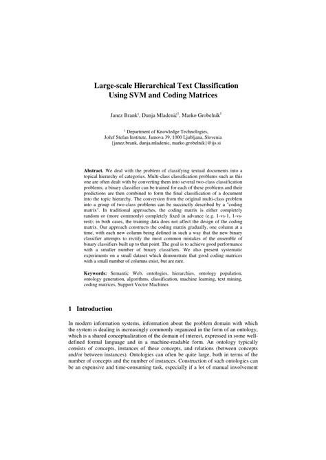 pdf large scale hierarchical text classification using svm and coding matrices