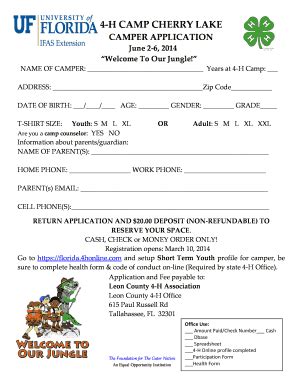 Fillable Online Leon Ifas Ufl 4 H CAMP CHERRY LAKE University Of