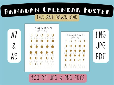 Printable Ramadan 2024 Calendar Islamic Wall Poster A2 A3 PNG PDF