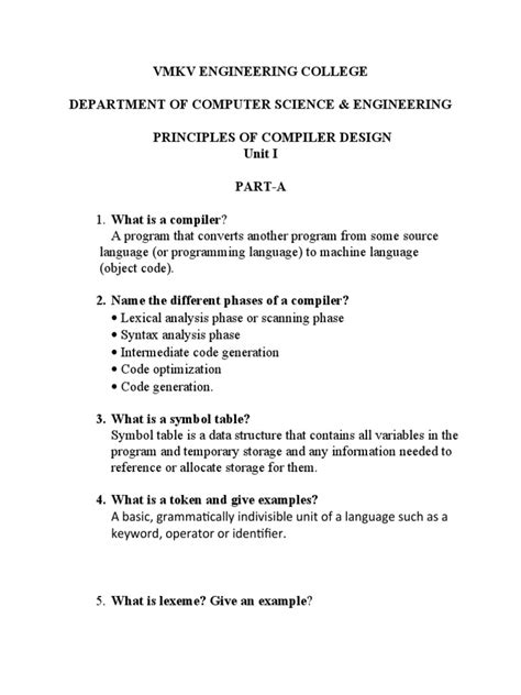 vmkv engineering college department of computer science and engineering principles of compiler