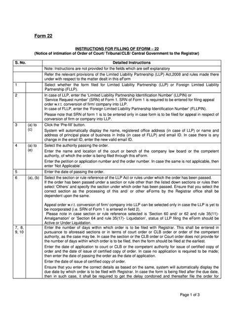 Fillable Online Llp Gov Form 22 INSTRUCTIONS FOR FILLING OF EFORM 22