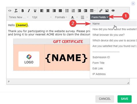 how to use custom fields within a text field of pdf template