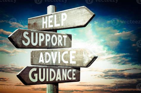 Help Support Advice Guidance Wooden Signpost With Four Arrows