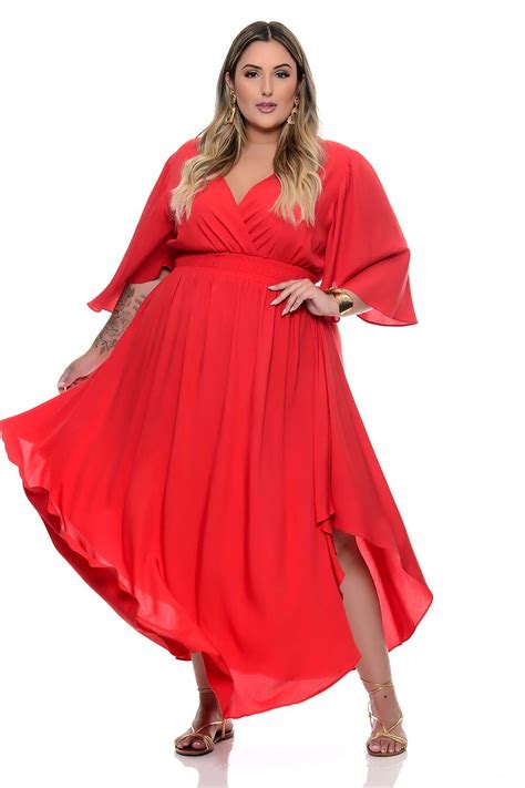 Vestido Plus Size Transpassado Assimétrico Vermelho Vk Moda Plus Size