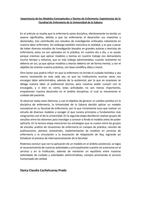 Importancia De Los Modelos Conceptuales En La Practica De Enfermeria