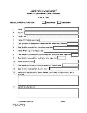 Fillable Online Apsu Employee Grievance Complaint Form Austin Peay