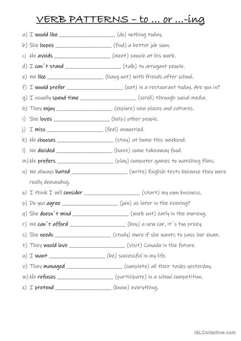 Verb Patterns Ing Or To General G English ESL Worksheets Pdf Doc