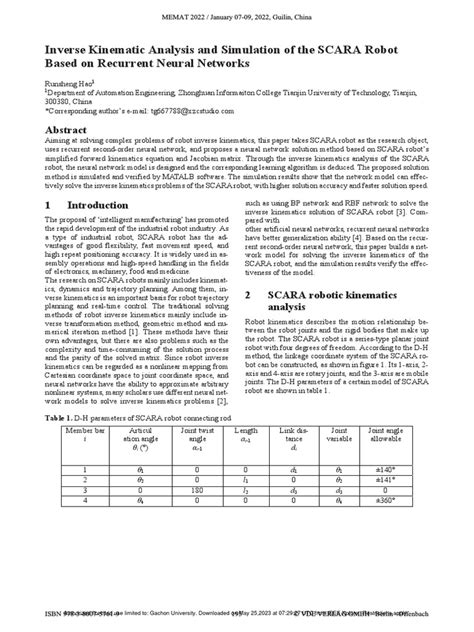 inverse kinematic analysis and simulation of the scara robot based on recurrent neural networks