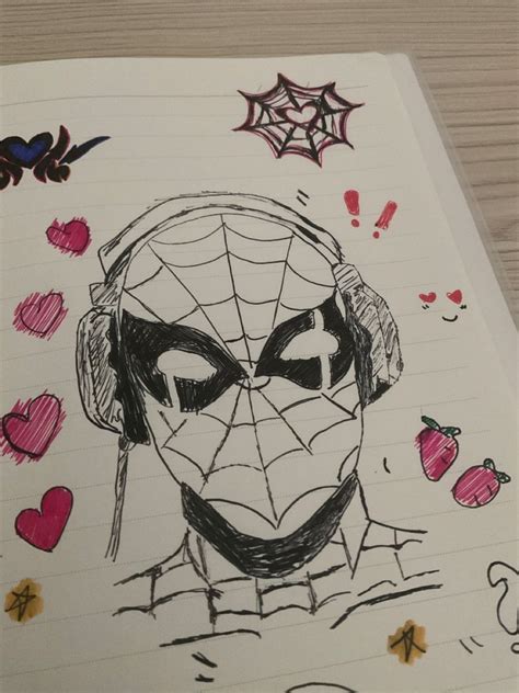 A Drawing Of A Spider Man With Headphones And Hearts On It S Face