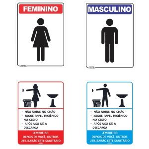 Kit 4 Placas de Sinalização Banheiro Feminino Masculino Regras de Uso