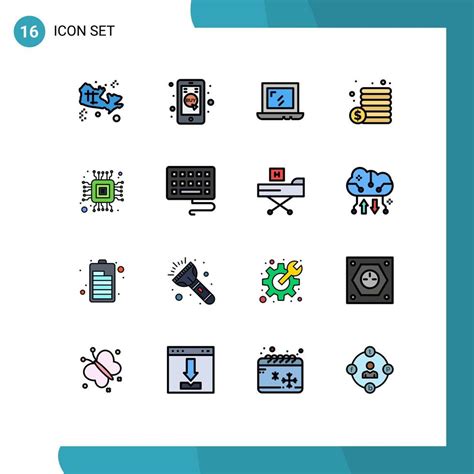 Modern Set Of 16 Flat Color Filled Lines And Symbols Such As Keyboard