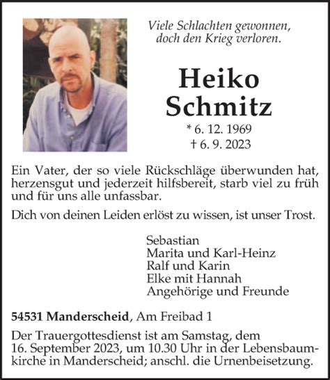 Traueranzeigen Von Heiko Schmitz Volksfreund Trauer De