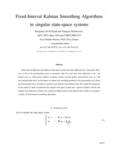 pdf fixed interval kalman smoothing algorithms in singular state space systems