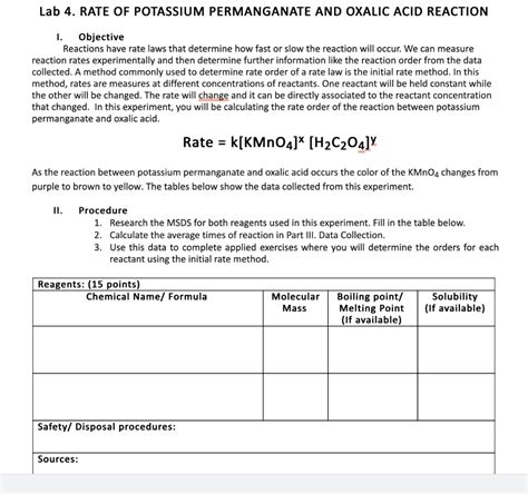 Lab Rate Of Potassium Permanganate And Oxalic Acid Reaction Objective
