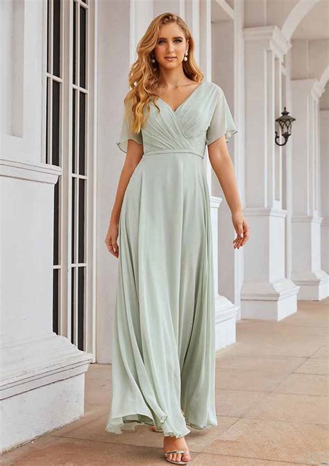 A Line V Neck Chiffon Long Floor Length Bridesmaid Dress With Pleated