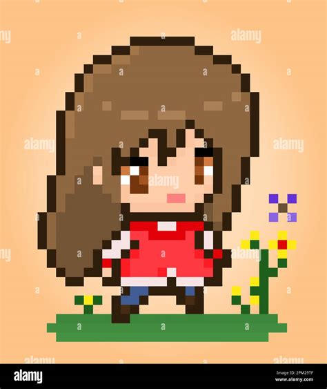 Bit Pixel Girl Saw Flowers Princess Pixels For Game Assets And Cross