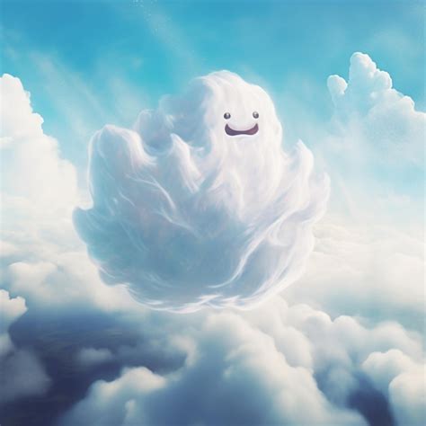 Una nube de dibujos animados con una cara sonriente vuela a través de