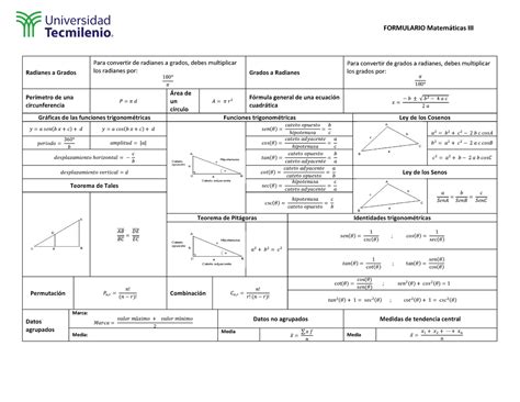Formulario Matemáticas III FORMULARIO Matemticas III Radianes a