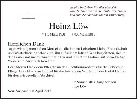 Traueranzeigen von Heinz Löw vrm trauer de