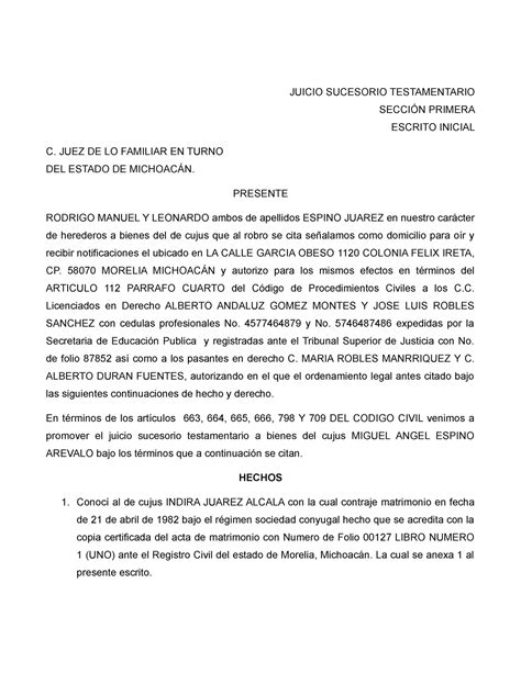 Demanda trabajo JUICIO SUCESORIO TESTAMENTARIO SECCIÓN PRIMERA