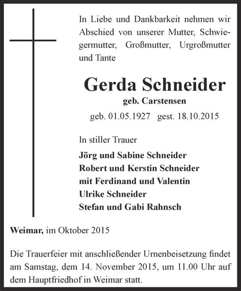 Traueranzeigen Von Gerda Schneider Trauer In Thueringen De