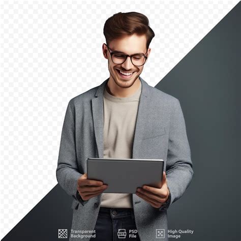 Premium Psd A Man In Glasses Is Holding A Laptop And Smiling