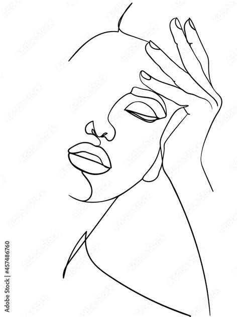 Minimal Line Art Woman With Hand On Face Black Lines Drawing Vector