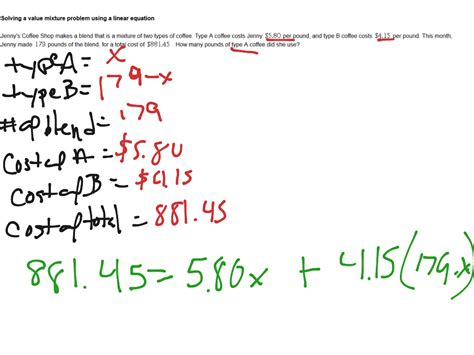 solving a value mixture problem using a linear equation math algebra showme