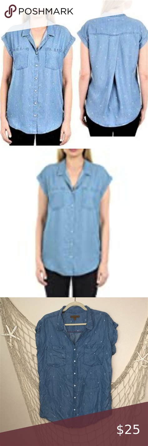 JACHS GIRLFRIEND Women S Short Sleeve Palm Tree Denim Chambray Tencel