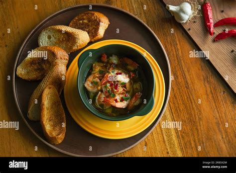 Gambas Al Ajillo Spanish Style Garlic Shrimp On The Ceramic On The