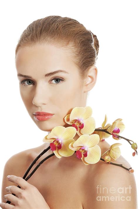 Portrait Of Beautiful Caucasian Woman With Orchid Flower Photograph By