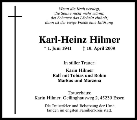 Trauer Und Todesanzeigen Von Karl Heinz Hilmer Trauer De