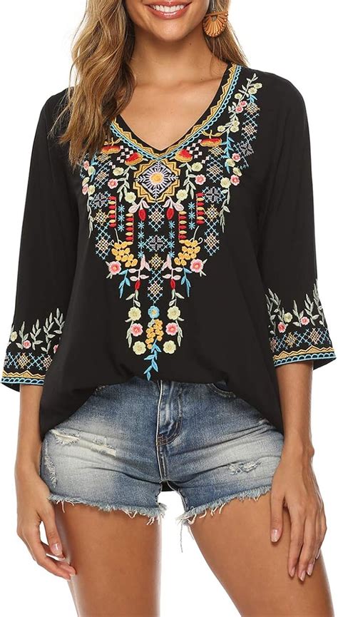 BIOHANBLE Womens Boho Embroidered Peasant Tops 3 4 Sleeve V Neck