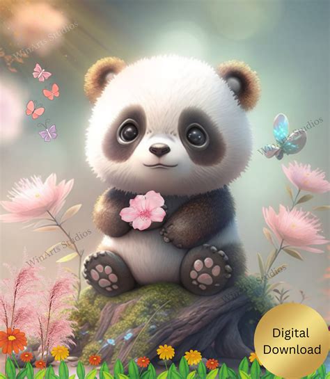 Panda Wall Art Cute Baby Panda In A Pink Flowers Garden Printable