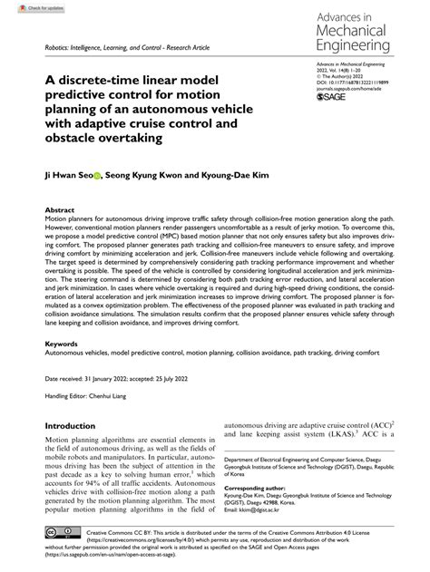 pdf a discrete time linear model predictive control for motion planning of an autonomous