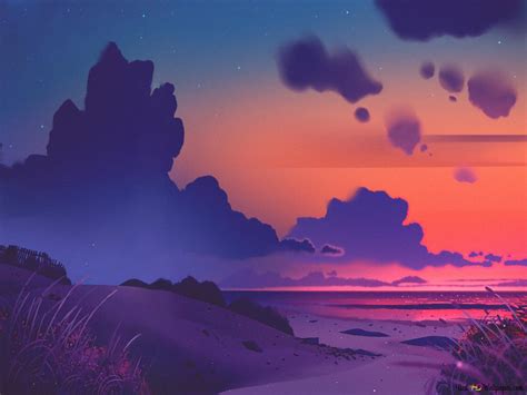 Cenário de praia de anime em vermelho por do sol 2K baixar papel de parede