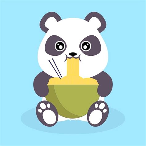 Lindo Panda De Dibujos Animados Comiendo Fideos Ramen Vector Premium