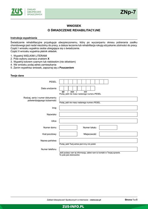Wniosek ZUS ZNp 7 wniosek o świadczenie rehabilitacyjne