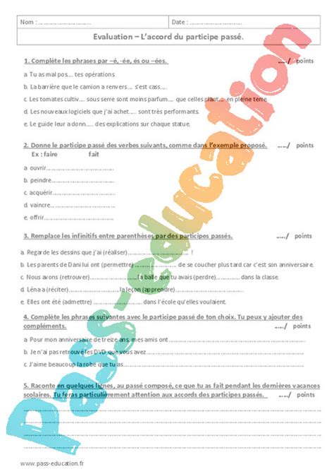 Evaluation Accord du participe passé 6ème Bilan et controle corrigé