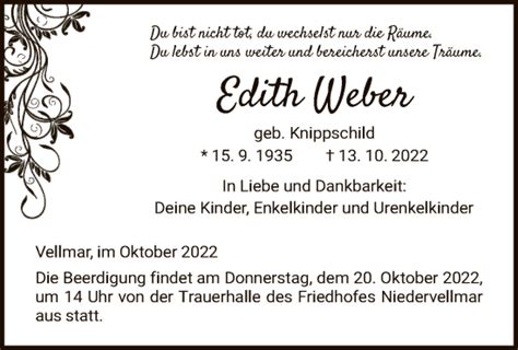 Traueranzeigen Von Edith Weber Trauer HNA De