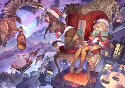 Download Captivating Anime Girl Celebrating Christmas With Santa Claus Wallpaper