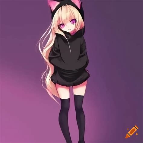 Short Full Body Anime Cat Girl In A Black Hoodie Pink And Purple Eyes And Black Skirt With Long
