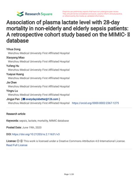 pdf use of plasma lactate level to predict 28 day mortality in non elderly and elderly sepsis