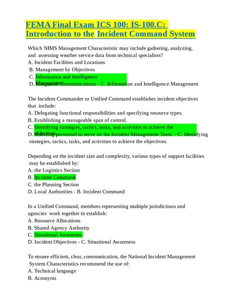 FEMA Final Exam ICS 100 IS 100 C Introduction To The Incident Command