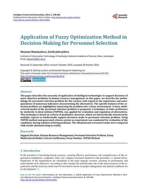 pdf application of fuzzy optimization method in decision making for personnel selection