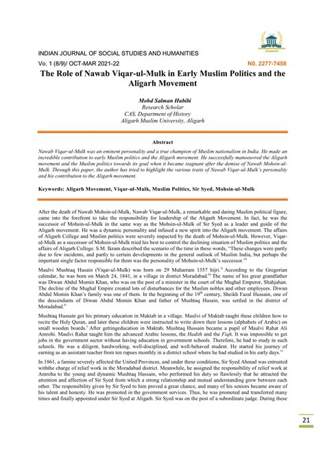 PDF The Role Of Nawab Viqar Ul Mulk In Early Muslim Politics And The