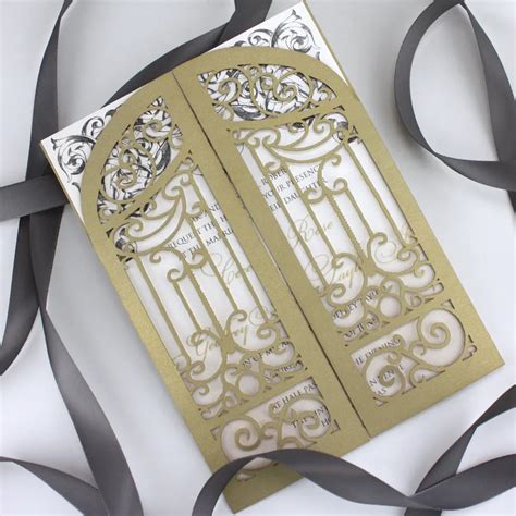 50pcs Metallic Gold Gatefold Wedding Invitation Laser Cut Custom